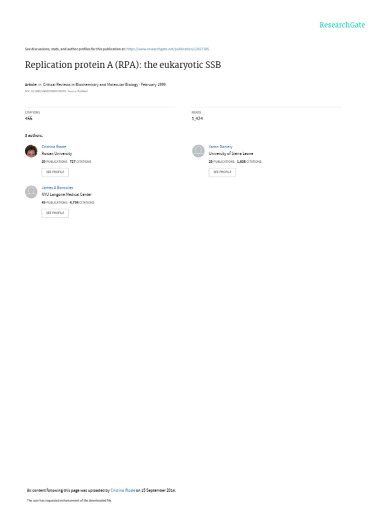 Replication Protein A RPA The Eukaryotic SSB | PDF | Dna | Protein Domain