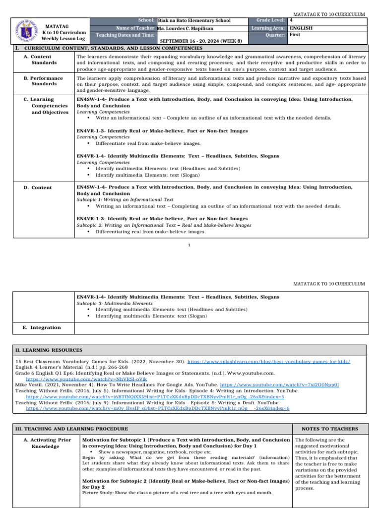 DLL MATATAG _ENGLISH 4 Q1 W8 | PDF | Multimedia | Reading Comprehension