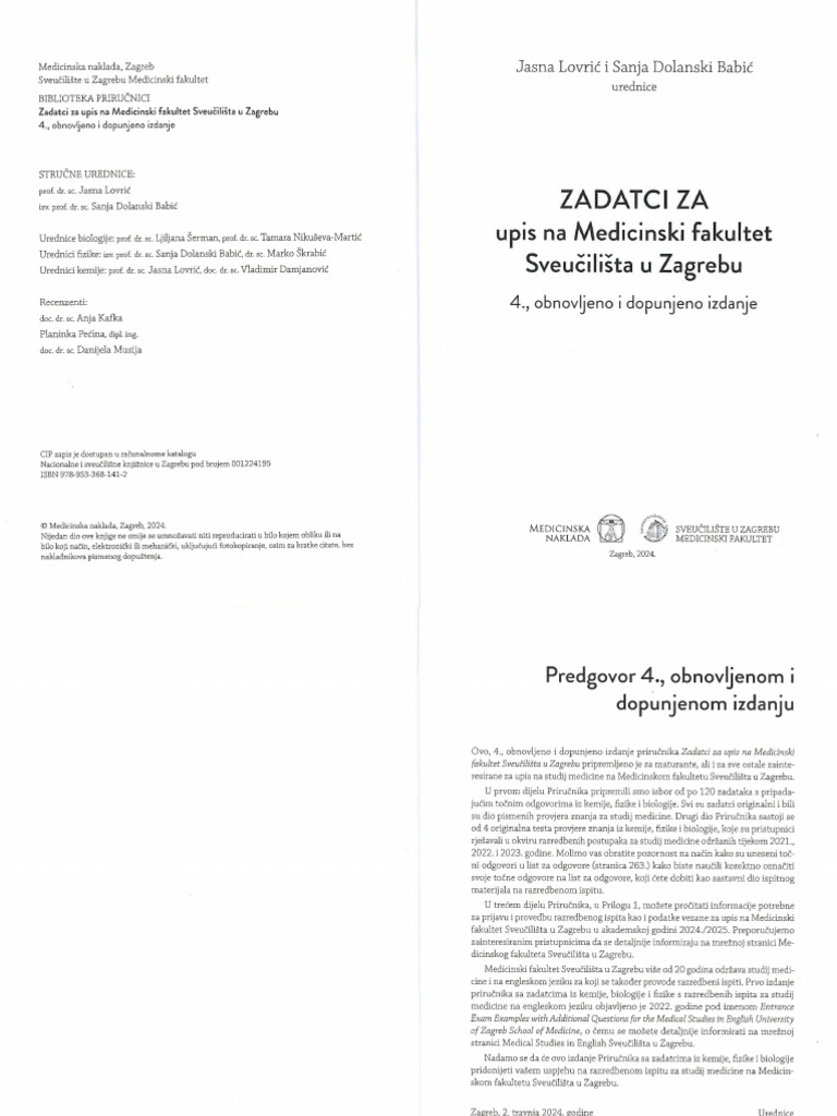 Zadatci Za Upis Na Medicinski Fakultet 4 Izdanje | PDF