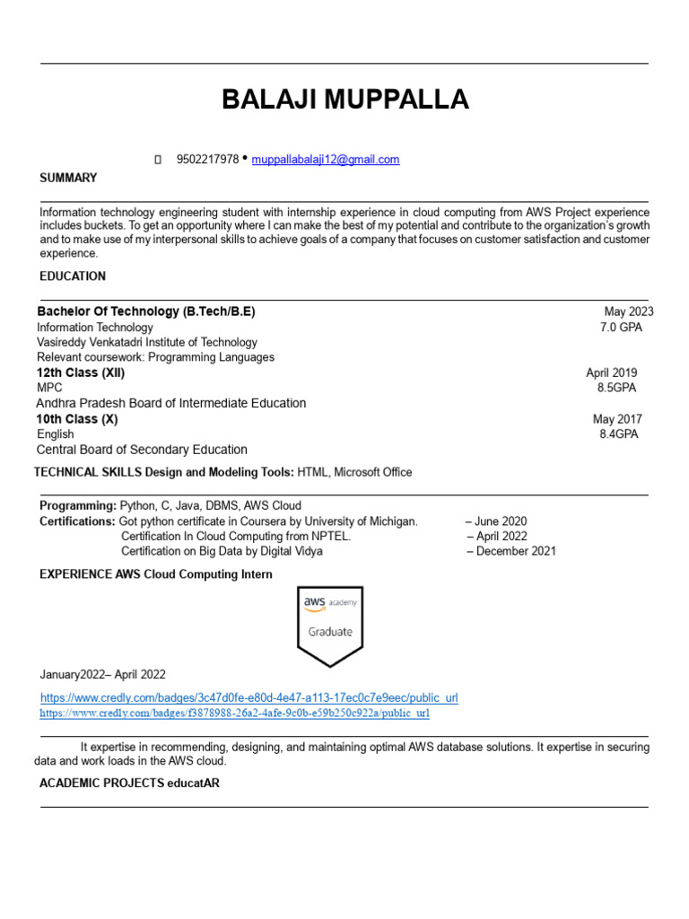 Muppalla Balaji Resume (3) | PDF | Databases | Amazon Web Services
