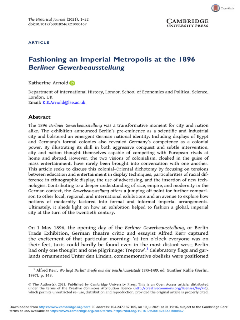 Fashioning An Imperial Metropolis at The 1896 Berl | PDF | Colonialism