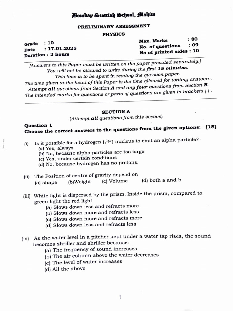 Bombay Scottish - Physics - 2025 | PDF | Force | Physical Quantities