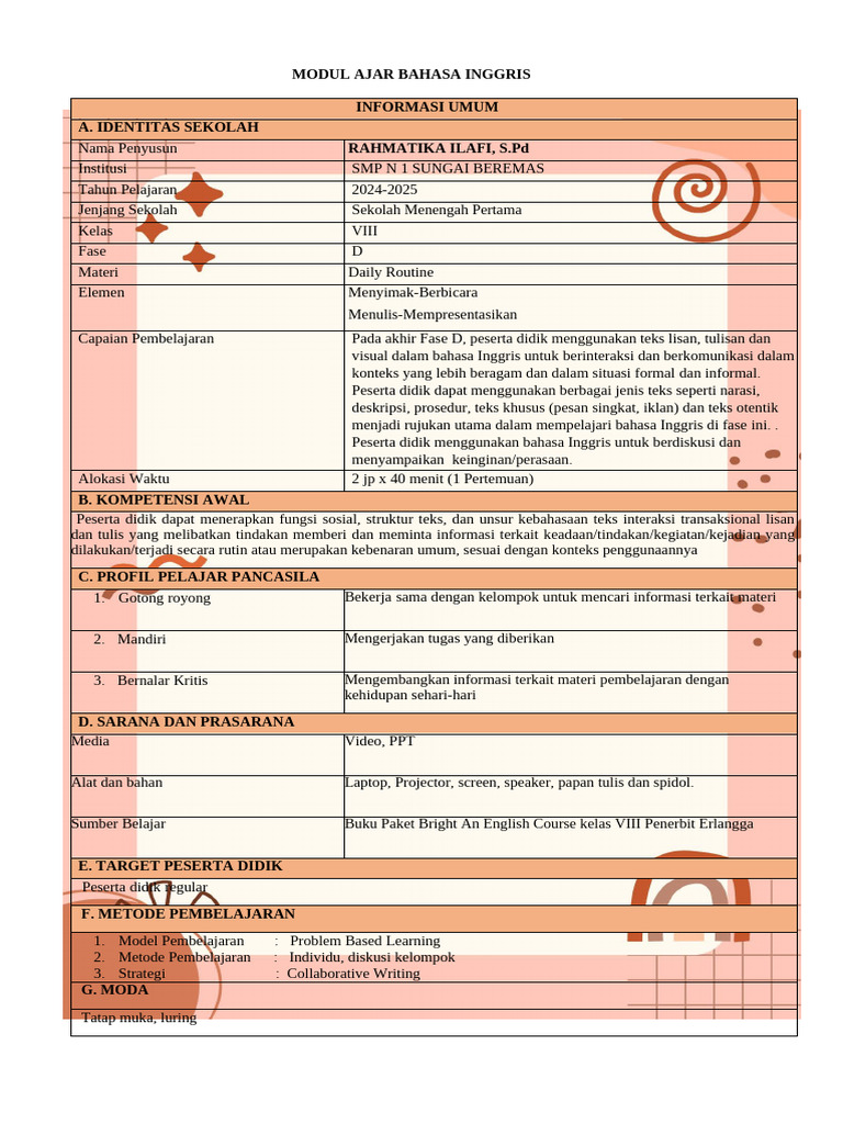 Modul Pembelajaran Daily Routine Kelas VIII | PDF