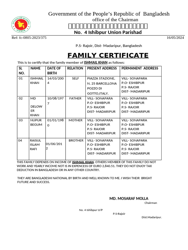 Family Certificate Ishmail Khan, Shanto (1) .Docx19-05-2024 | PDF ...