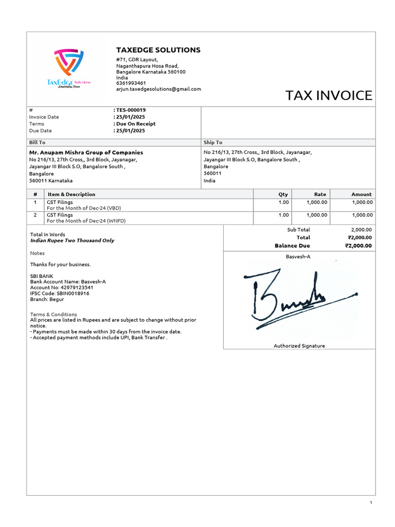 TES-000019 | PDF | Invoice | Money