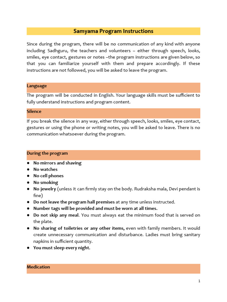 Samyama Program Preparation Guide | PDF | Asana | Bed