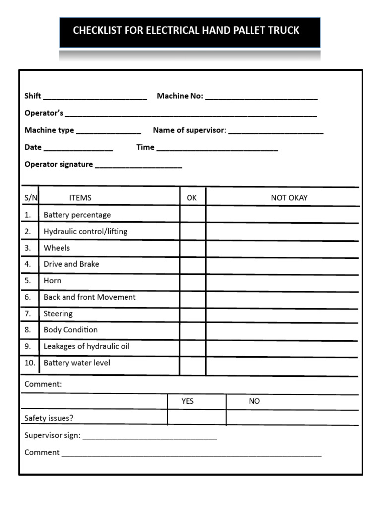 Electric Pallet Truck Inspection Checklist | PDF