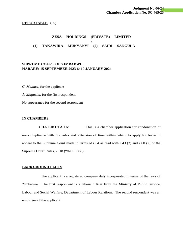 ZESA Holdings vs Munyanyi: Condonation Appeal | PDF | Judgment (Law ...