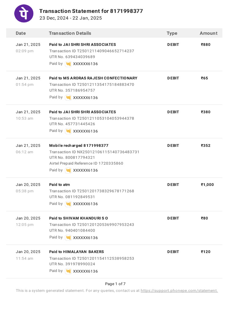 PhonePe Statement Dec2024 Jan2025 | PDF | Debit Card | Payments