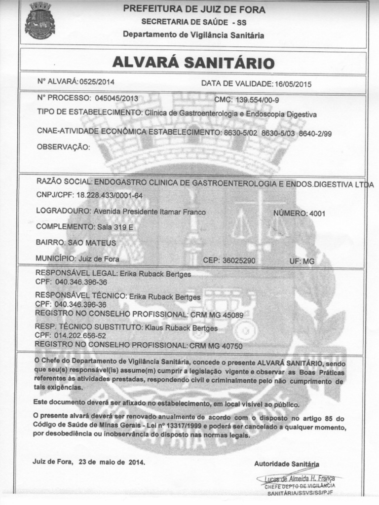 Alvará Sanitário ENDOGASTRO - Validade 16-05-2014 | PDF