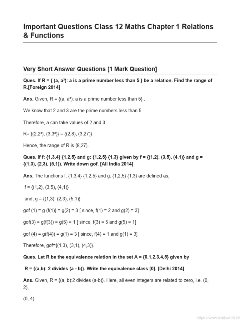 Important Questions Class 12 Maths Chapter 1 | PDF | Function ...