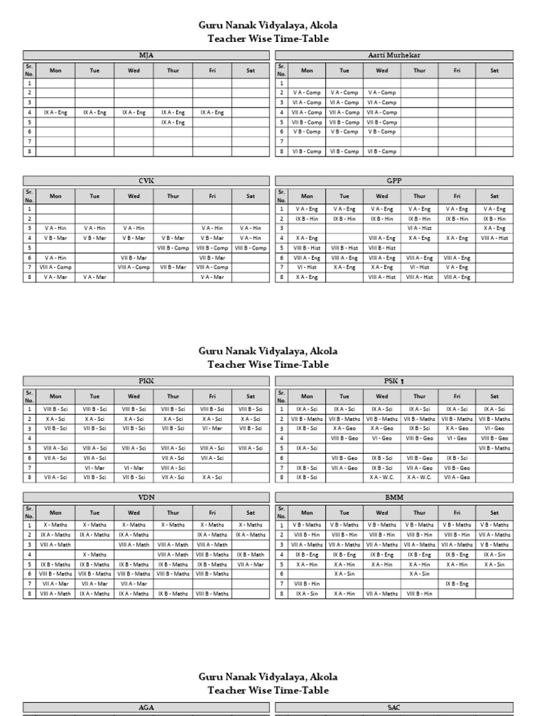 Teacher Wise Time Table | PDF