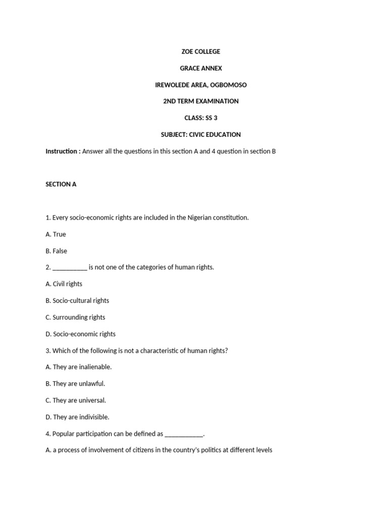 ss3 Civic Education Mock Exam Newww | PDF | Cost Of Living | Human Rights