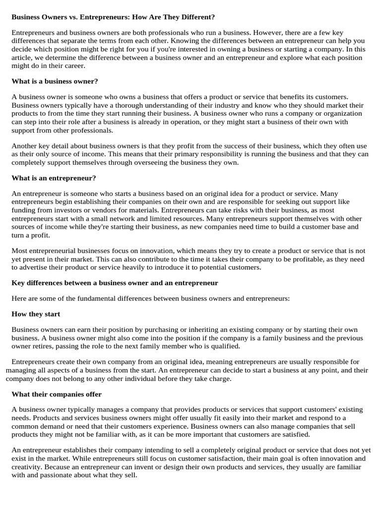Business Owners vs. Entrepreneurs Explained | PDF | Entrepreneurship | Risk