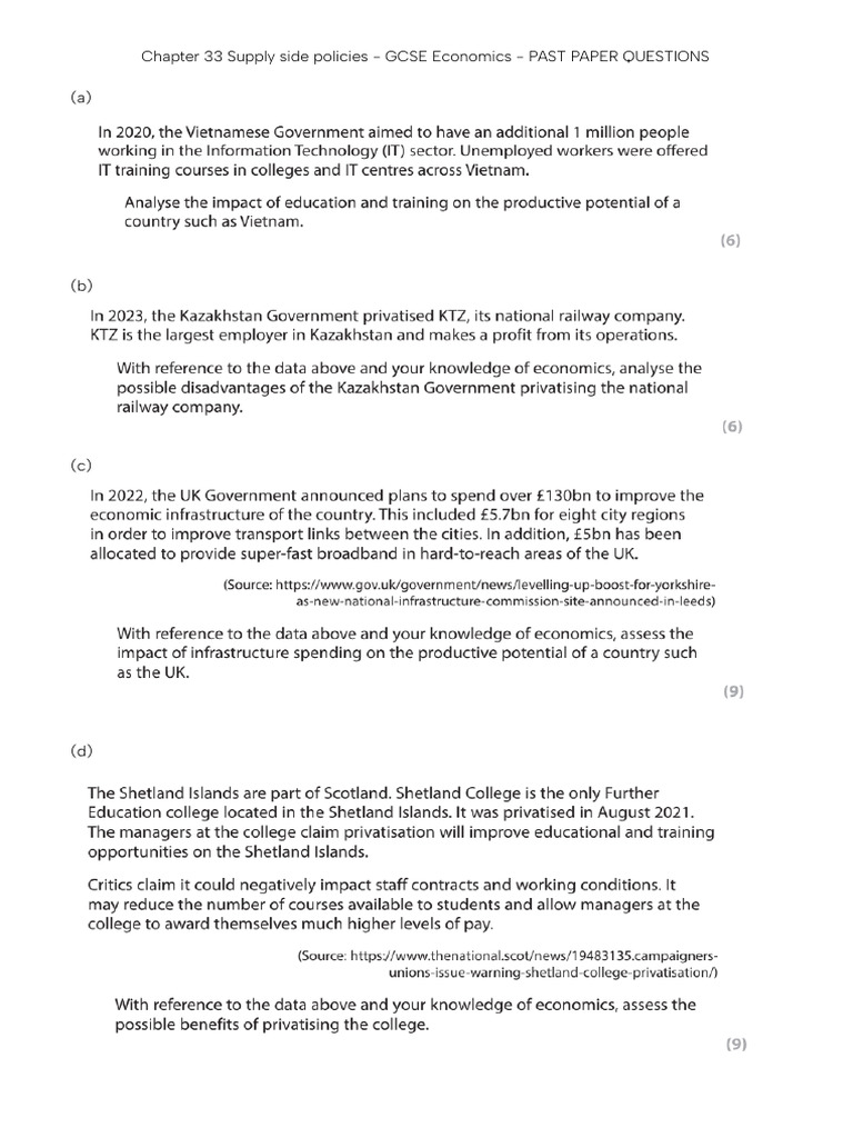Chapter 33 Supply Side Policies - GCSE Economics - PAST PAPER QUESTIONS ...