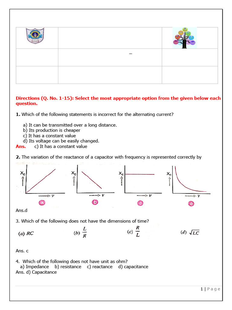 Class XII Physics AC Worksheet | PDF | Inductor | Electrical Impedance