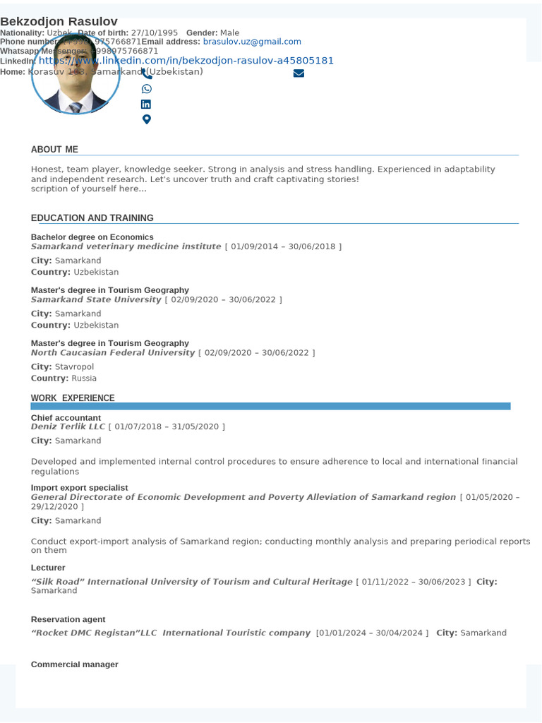 CV - Bekzodjon Rasulov - Europass | PDF | Uzbekistan