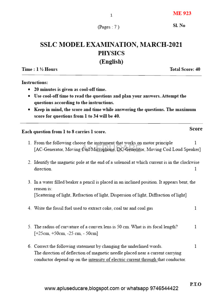SSLC Physics Model Exam 2021 | PDF | Inductor | Electromagnetic Radiation