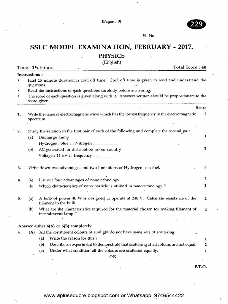 A+ Blog-Sslc-Physics-Model Exam 2017-Em QN | PDF