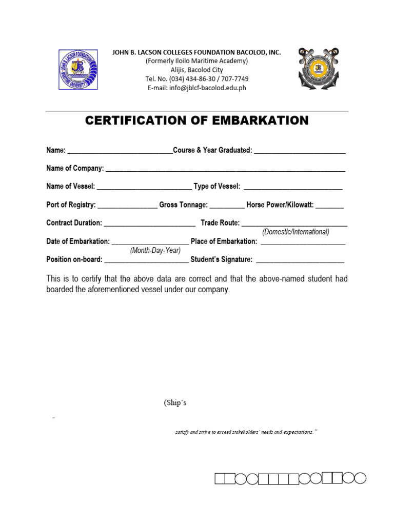 Certification of Embarkation Template | PDF | Water Transport | Shipping