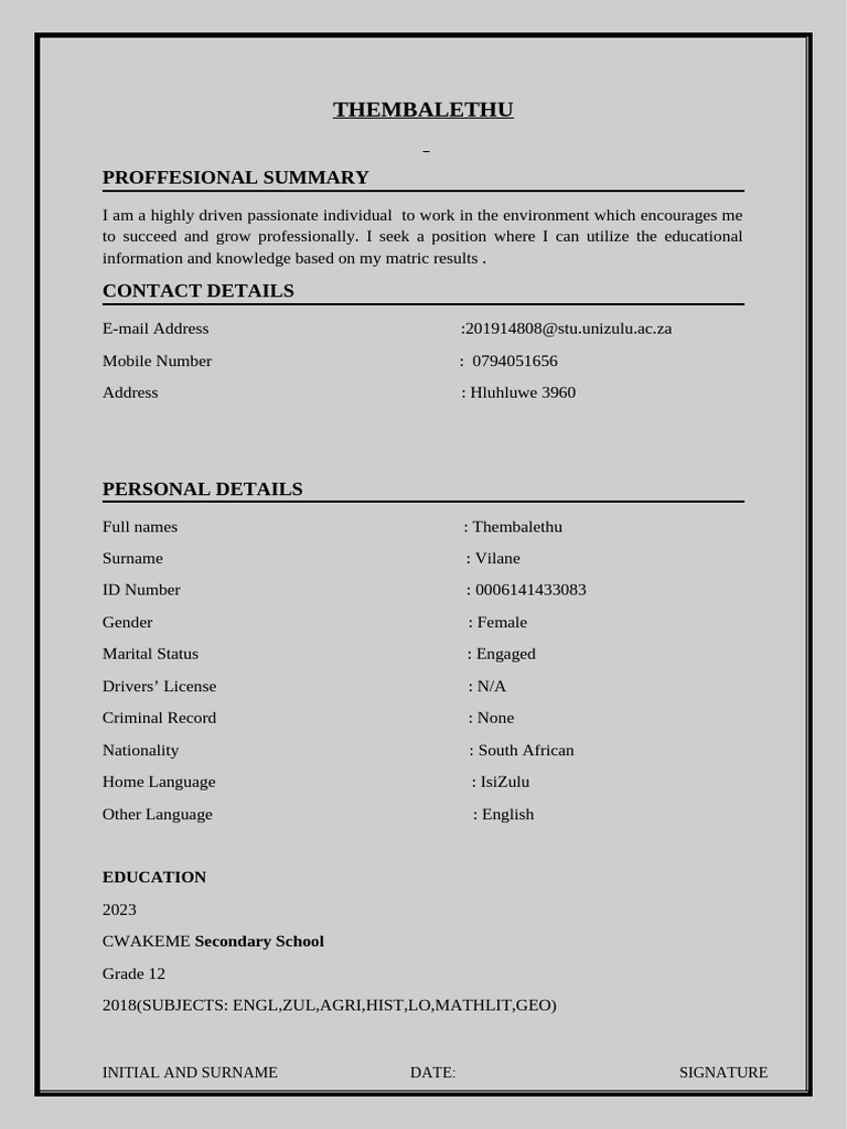 General Worker CV - Thembalethu Vilane | PDF