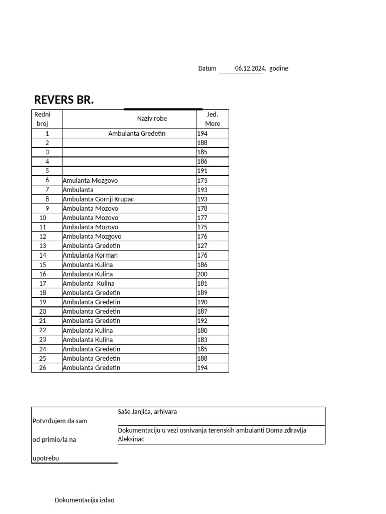 Revers Dokumentacija Ambulani | PDF