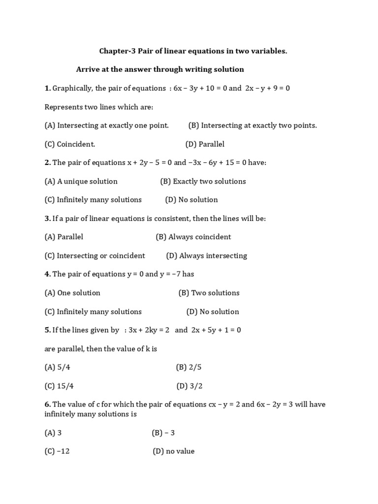 Ch-3 - Pair of Linear Equations in Two Variables MCQs | PDF