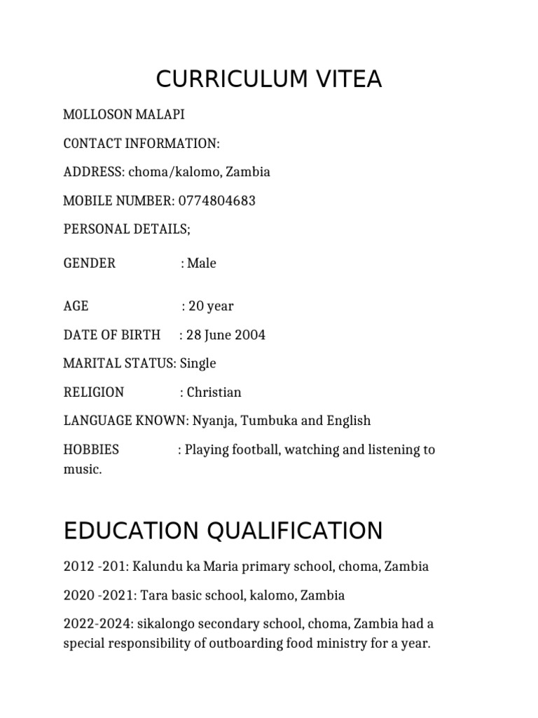 Zambian Army Aspirant CV: M0LLOSON MALAPI | PDF