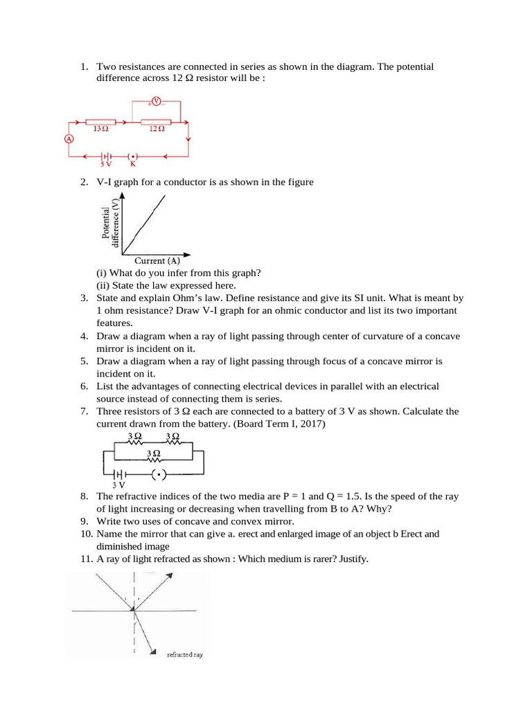 Physics Worksheet 1 | PDF | Mirror | Series And Parallel Circuits
