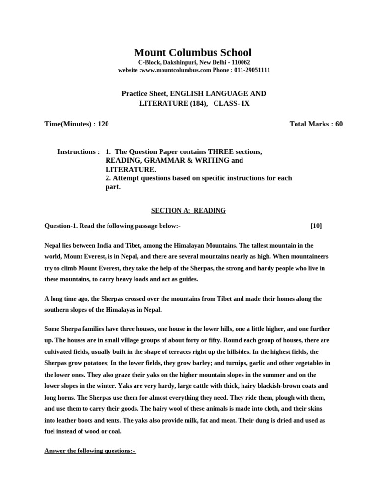 Class IX English Practice Sheet | PDF | Mount Everest | Himalayas