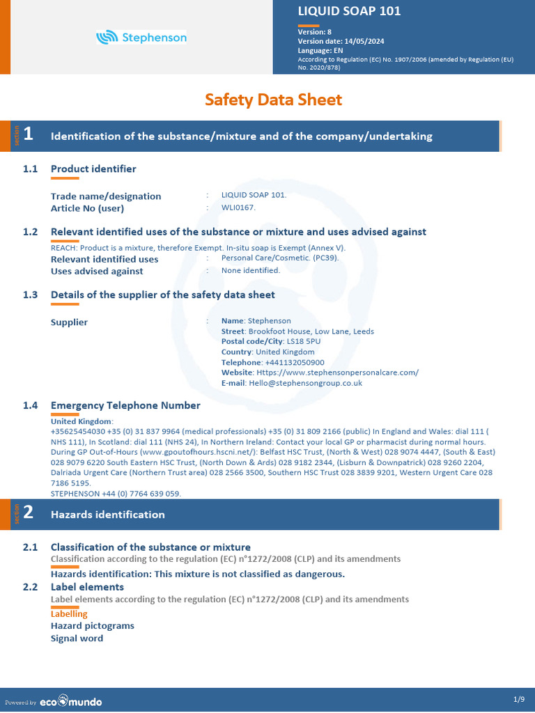 LIQUID-SOAP-101-(EN)---SDS-V8 | PDF | Firefighting | Occupational ...