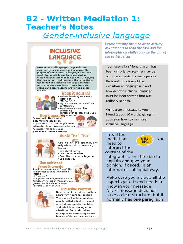 1 3 Gender Inclusive Language WrittenMediation TeachersNotes | PDF ...