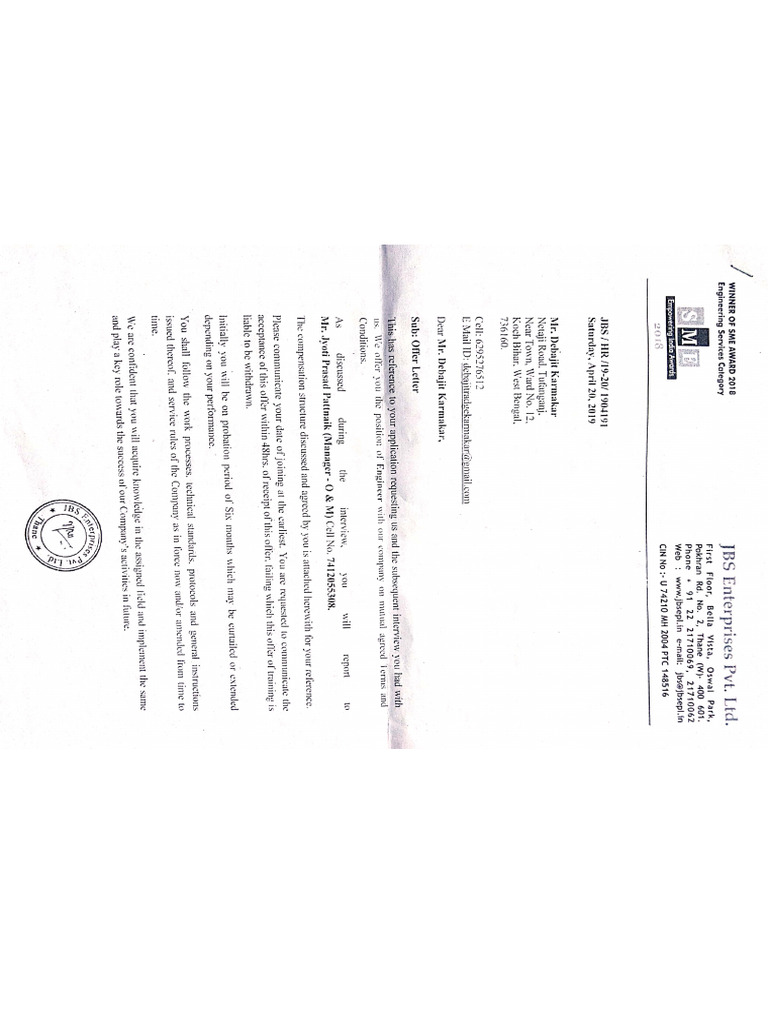 Offer Letter of Debajit | PDF