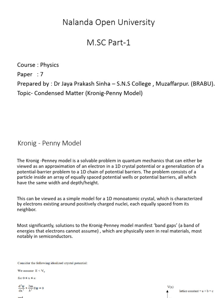 Kronig-Penney Model in Quantum Mechanics | PDF