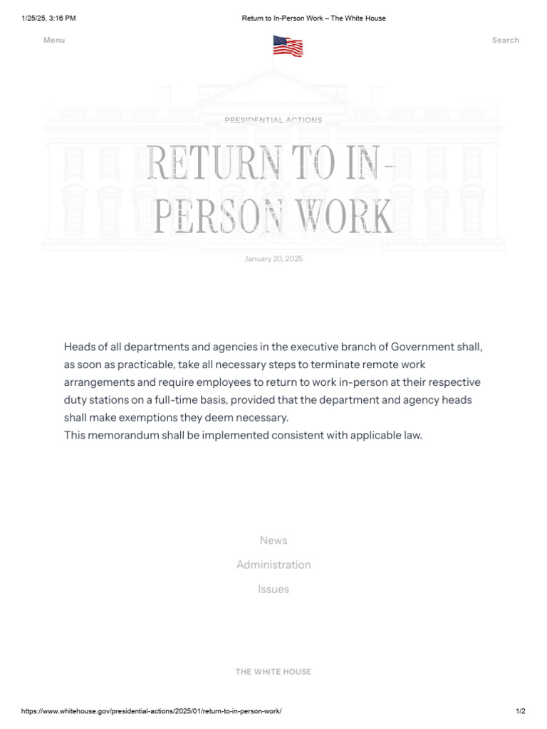 Presidential Memorandum Return To In-Person Work 20 JAN 2025 | PDF