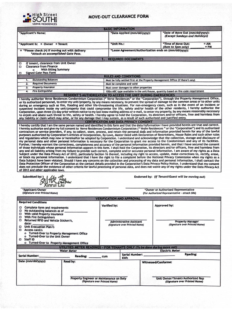 Verve Move Out Form | PDF
