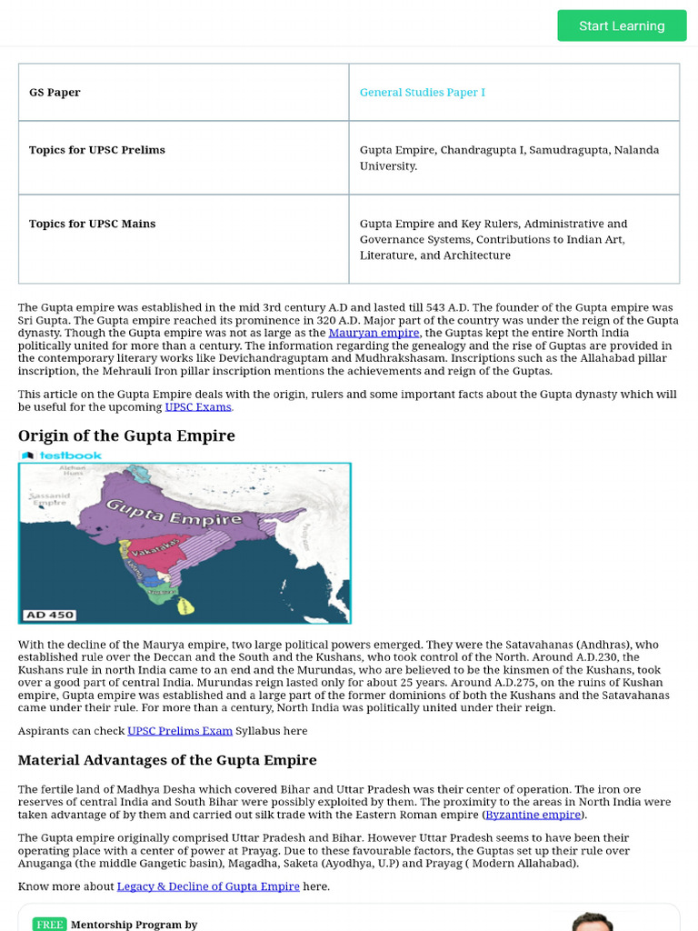 Gupta Empire - Origin, Rulers, Architecture & More - UPSC Notes | PDF