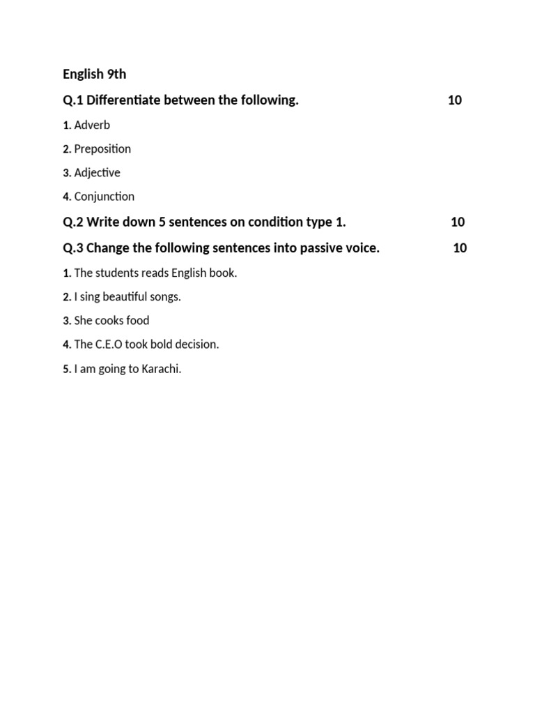 English Grammar Exercises for 9th Grade | PDF