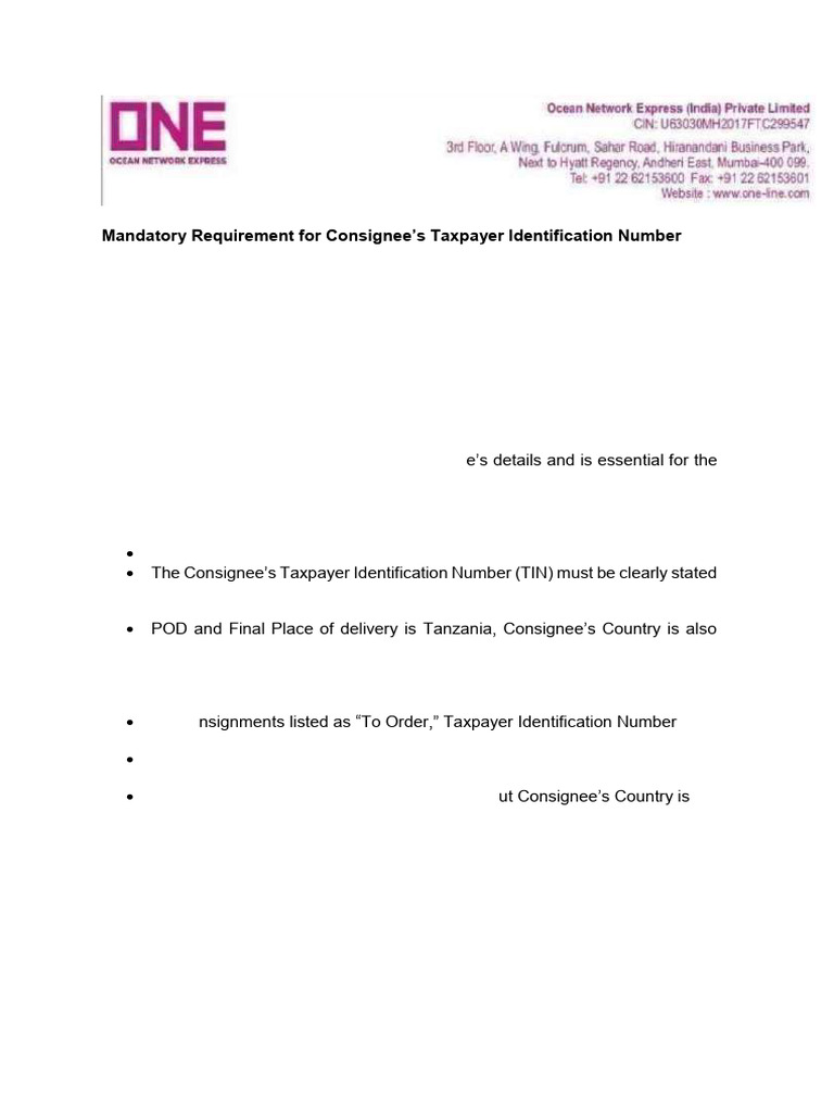 Mandatory Requirement For Consignee's Taxpayer Identification Number ...