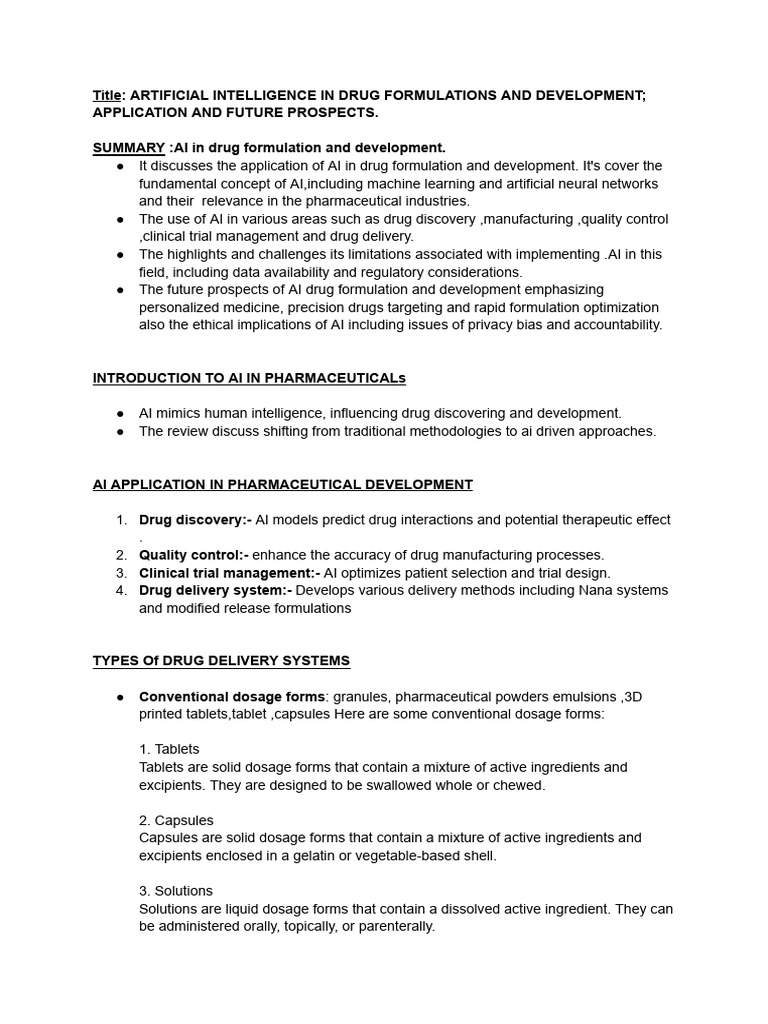 AI in Drug Formulation and Development and Its Applications (Notes ...