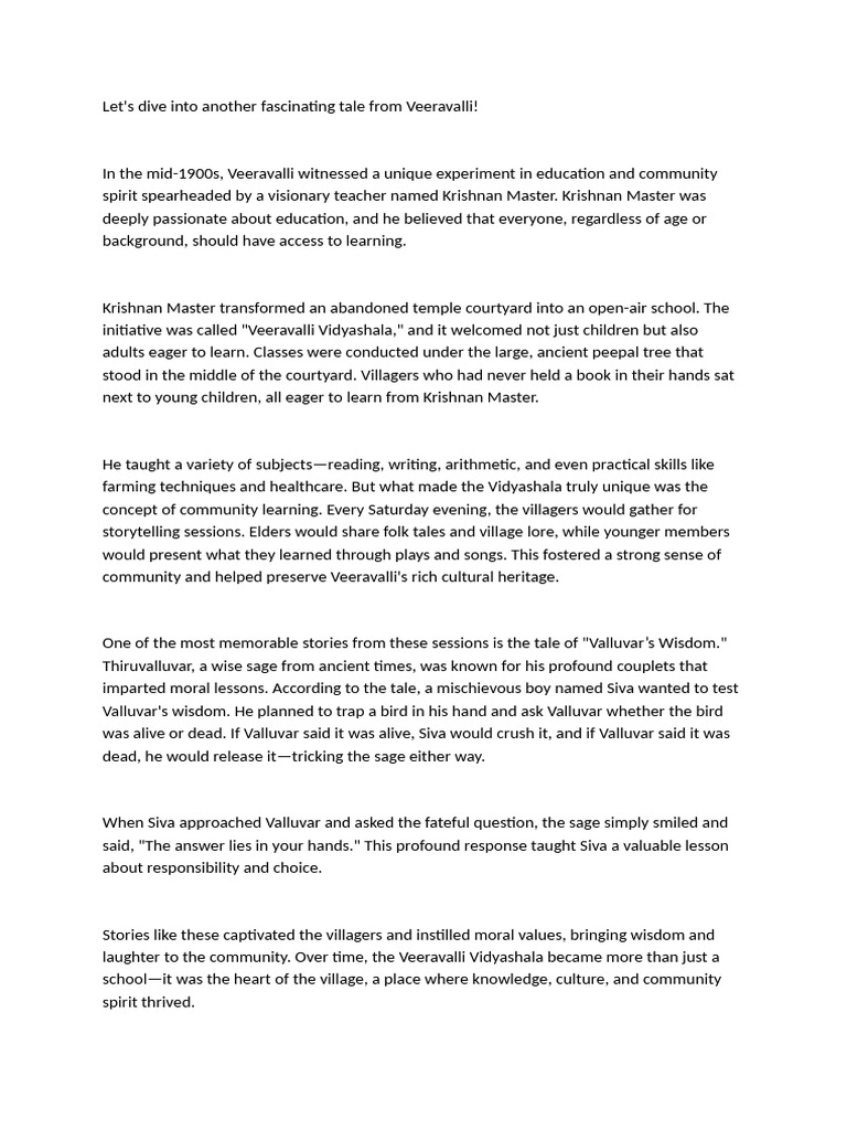 Veeravalli Vidyashala: A Community Legacy | PDF | Wisdom | Storytelling