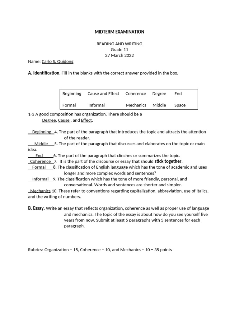 MIDTERM EXAMINATION 2nd Q 2nd Sem | PDF | Paragraph | Essays
