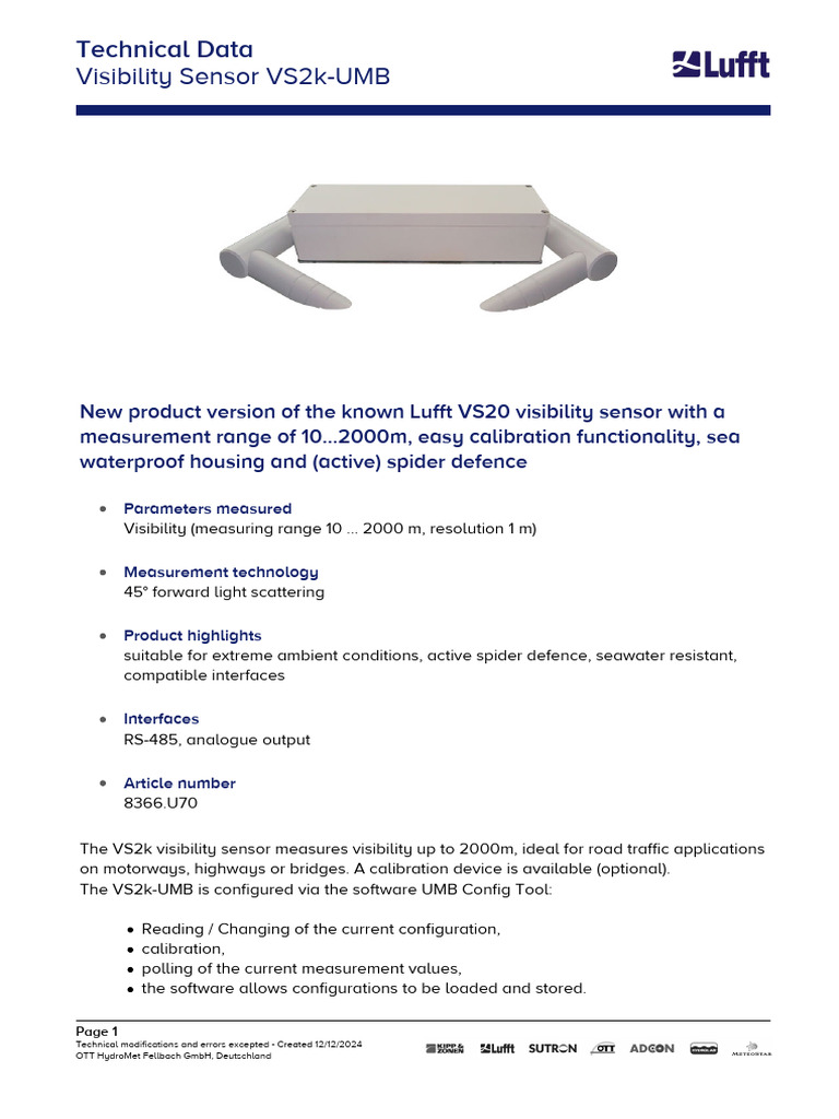 Lufft Visibility Sensor VS2k-UMB | PDF | Sensor | Calibration