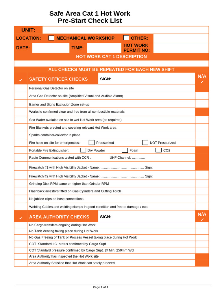Hotwork Check Sheet Test | PDF | Mechanical Engineering