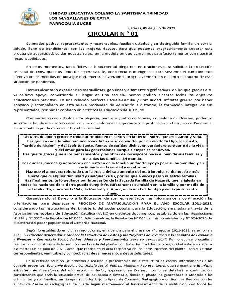1001 Circular Informacion para El Proceso de Inscripciones 2021-2022 ...