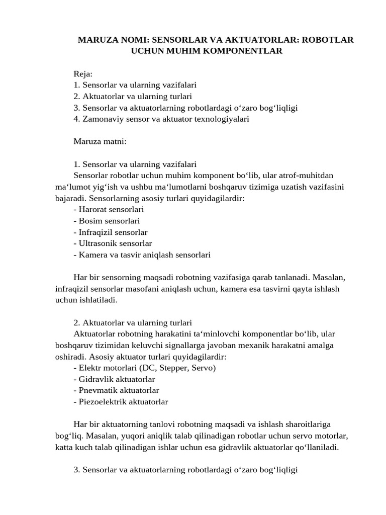Maruza Nomi: Sensorlar Va Aktuatorlar: Robotlar Uchun Muhim ...