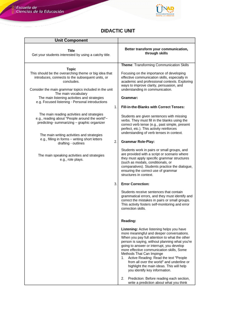 Anexo 2. Format - Didactic Unit edited | PDF | Reading Comprehension ...