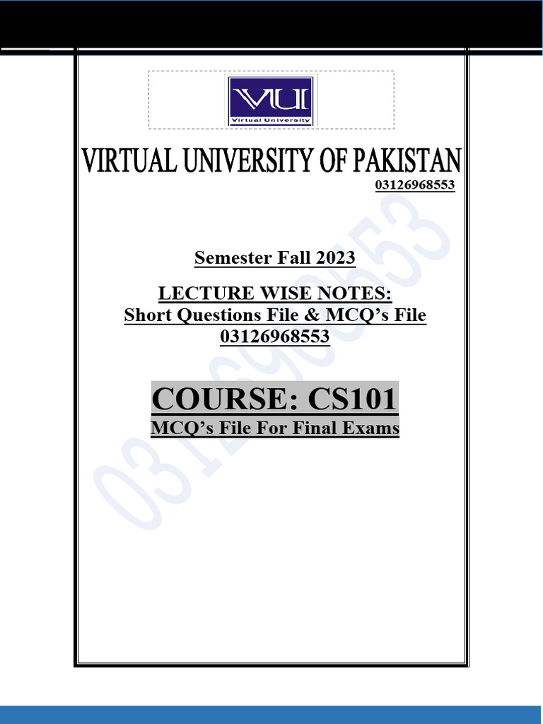 CS101 (Lecture Wise MCQ's File For Final Exams) 03126968553 | PDF | Data Type | Programming ...