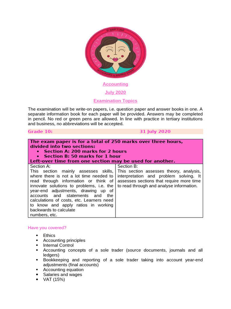 2020 Accounting Examination Scope Grades 10-12 | PDF | Bookkeeping ...