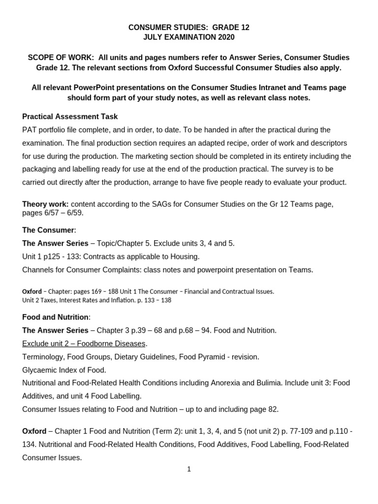 2020 CONSUMER STUDIES EXAMINATION SCOPE GRADES 10-12 | PDF | Textiles ...